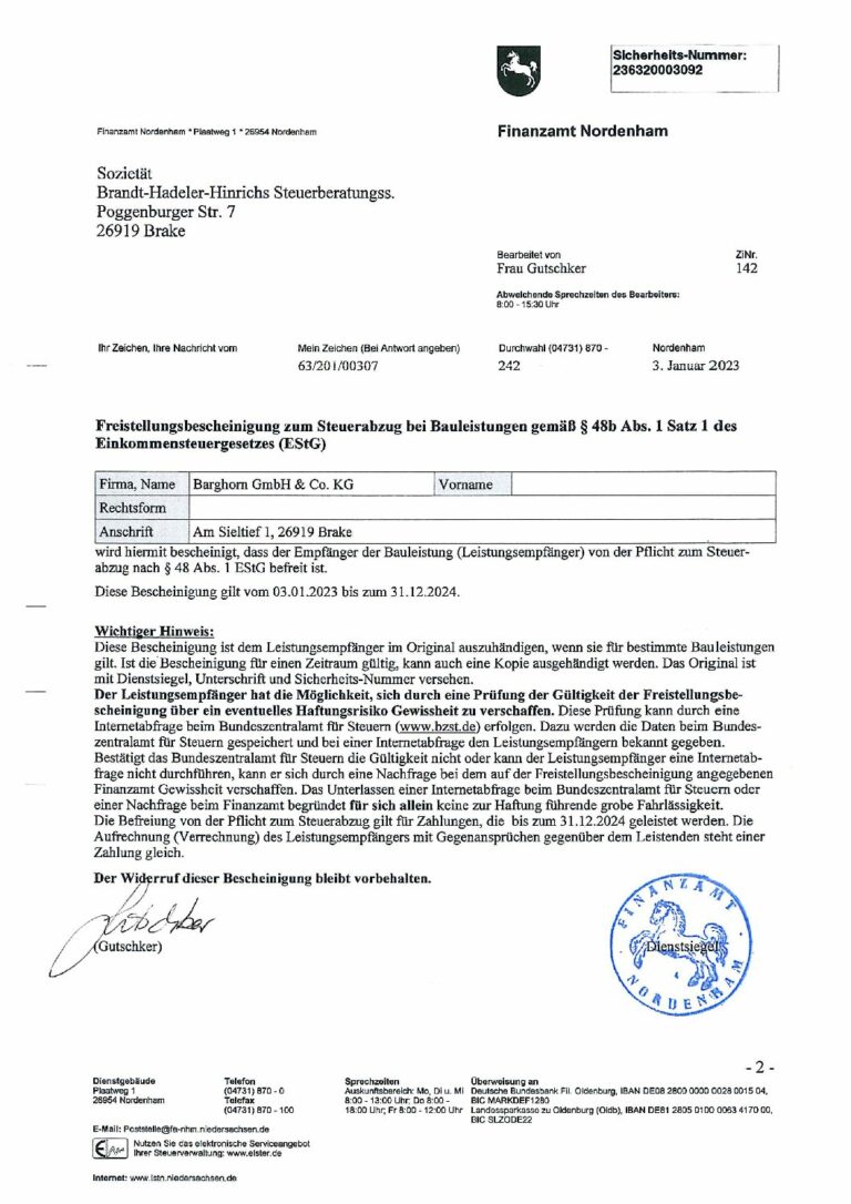 Freistellungsbescheinigung Zum Steuerabzug Bei Bauleistungen Gem. § 48b EStG | Barghorn: Ihr ...